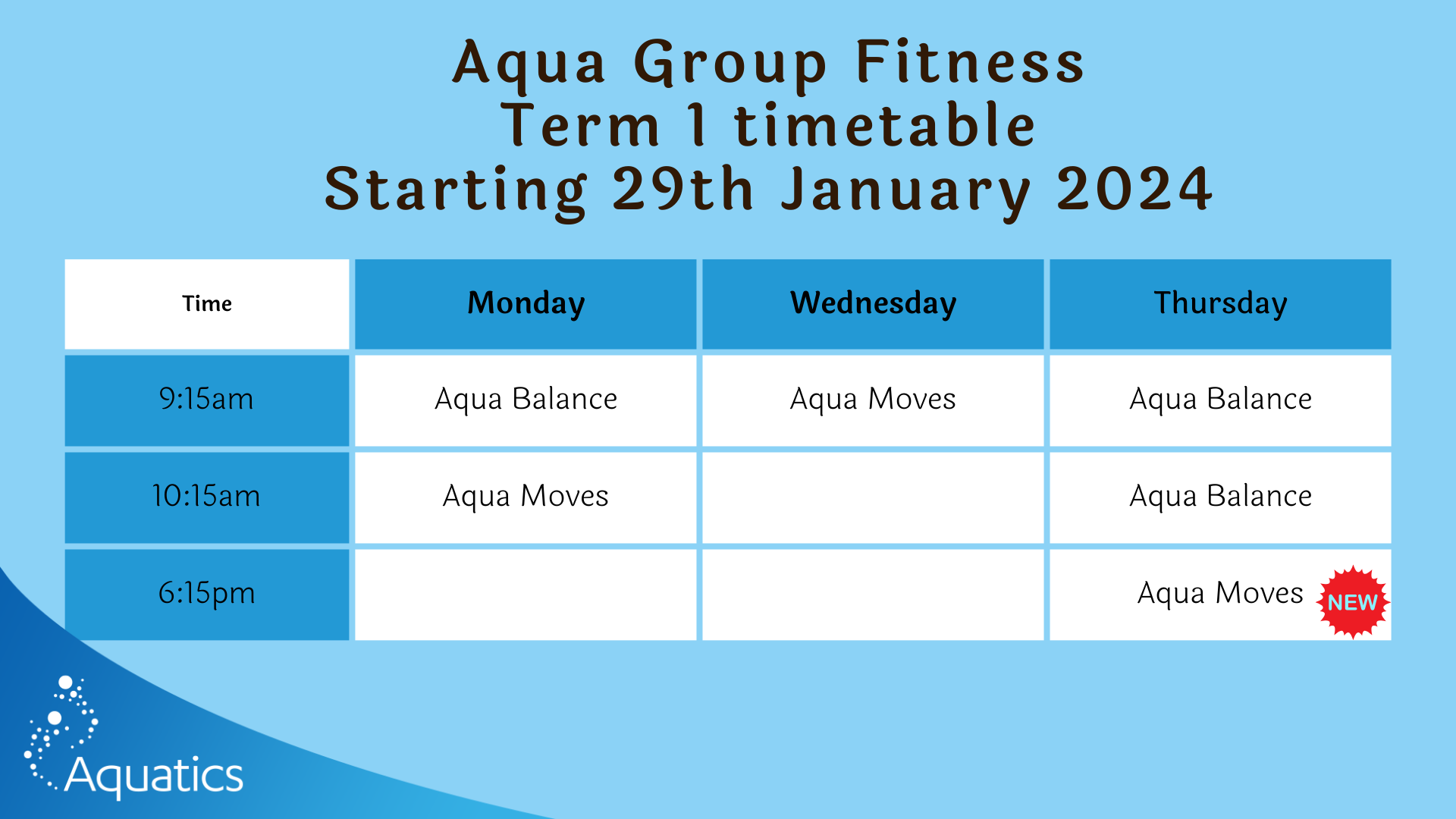 Aquatic Group Fitness Timetable - Bluewater